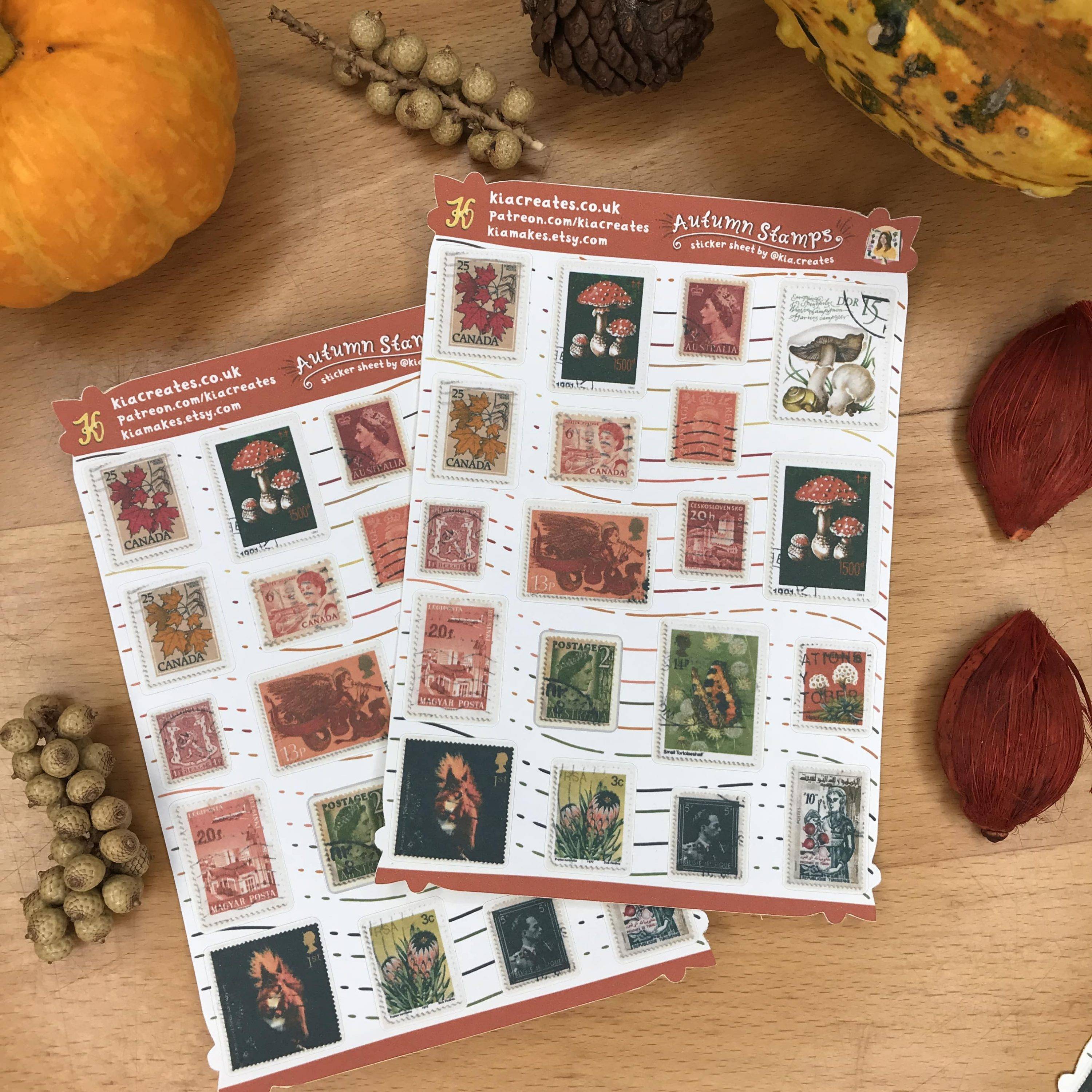 Autumn Stamp Stickers | Fall Postage Stamps Sticker Sheet • Kia Creates
